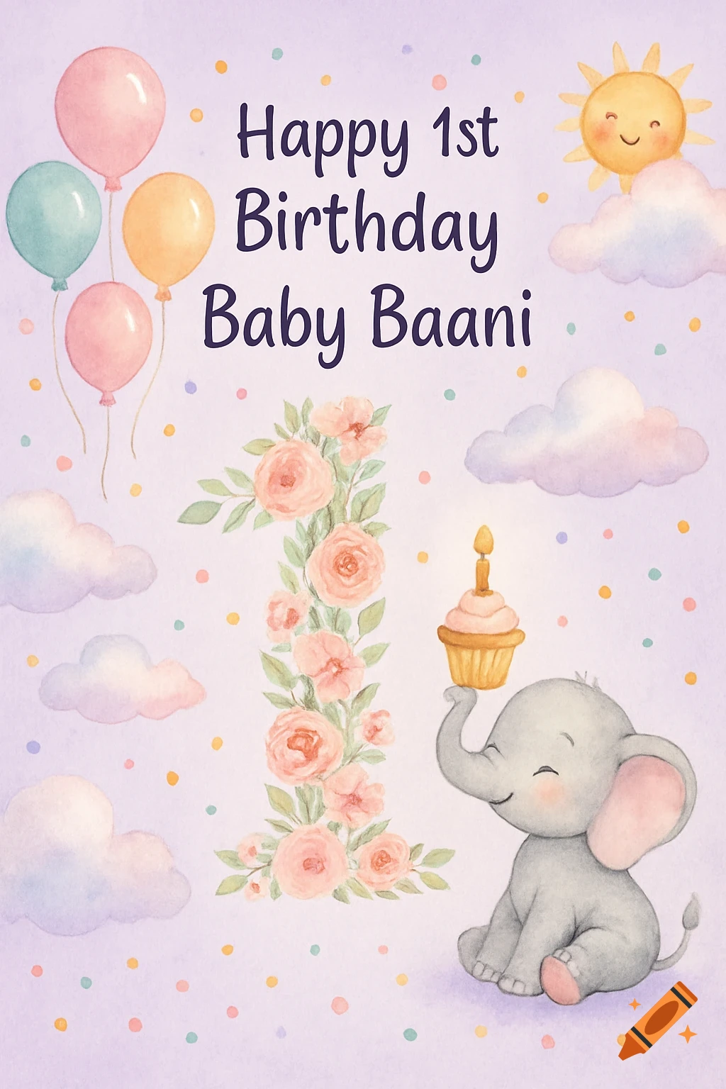 Watercolor illustration for a baby's 1st birthday with a baby elephant ...