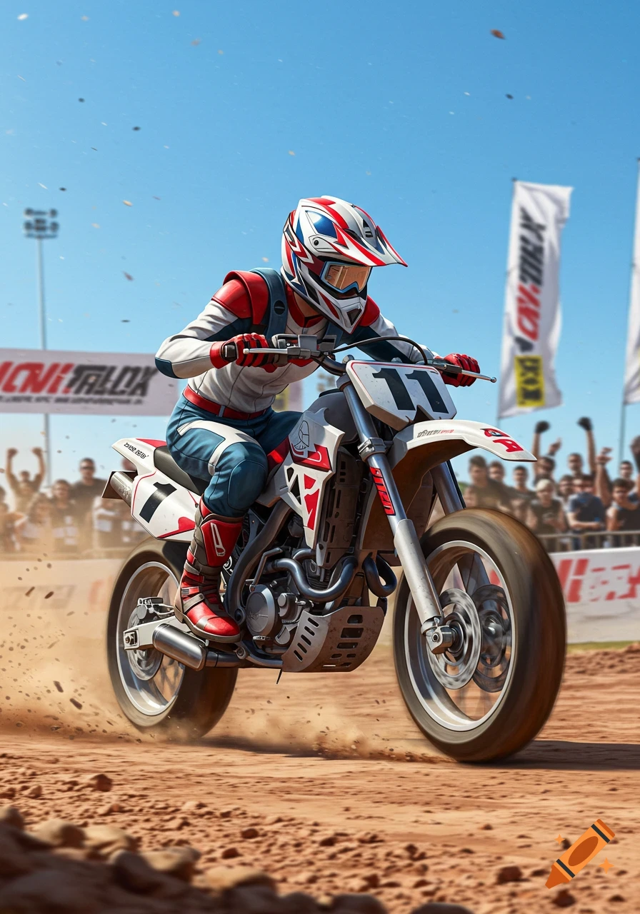 Motocross racer on a red dirt bike kicking up a large dust cloud on a ...