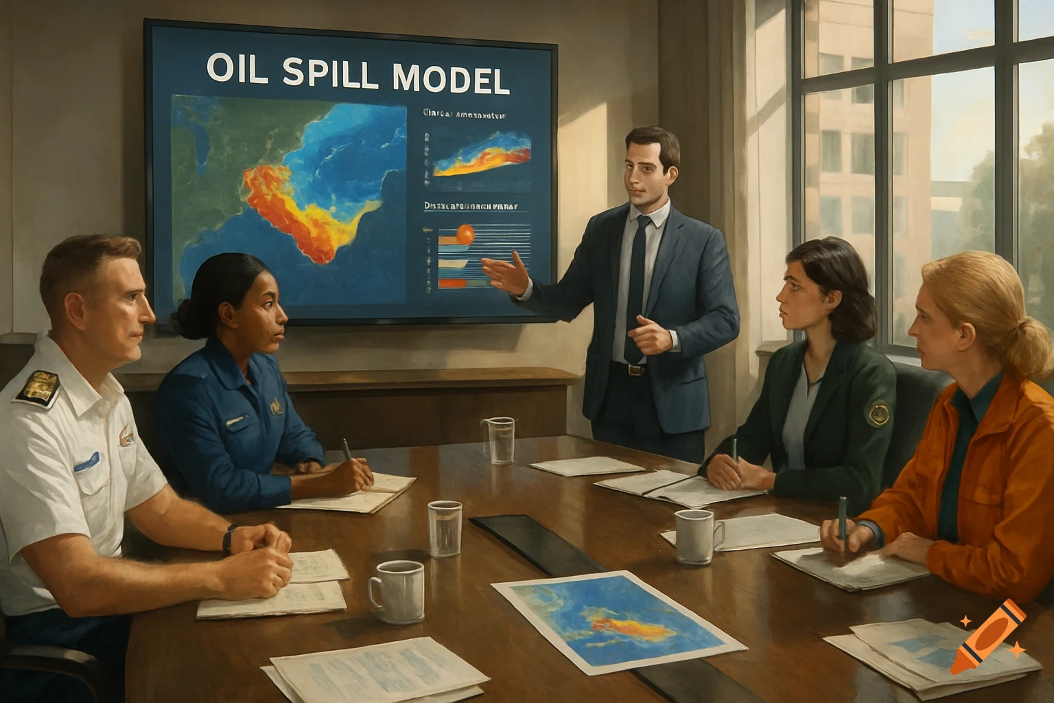 A man presents an oil spill model on a large screen to a diverse group ...