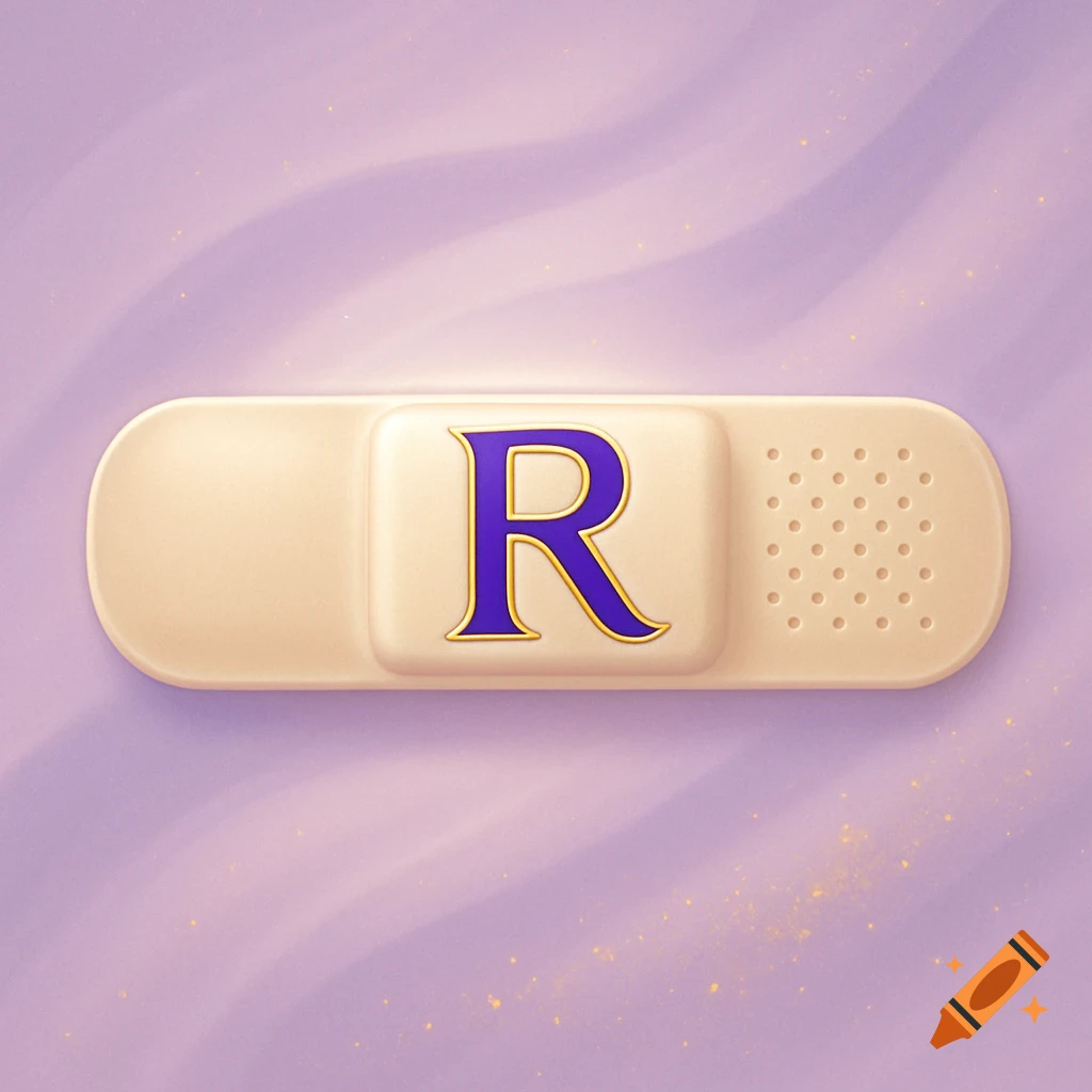 Beige bandage with a purple and gold letter R on a wavy purple ...