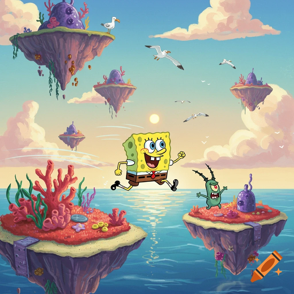 Cartoon street in a SpongeBob style with buildings shaped like a sponge ...