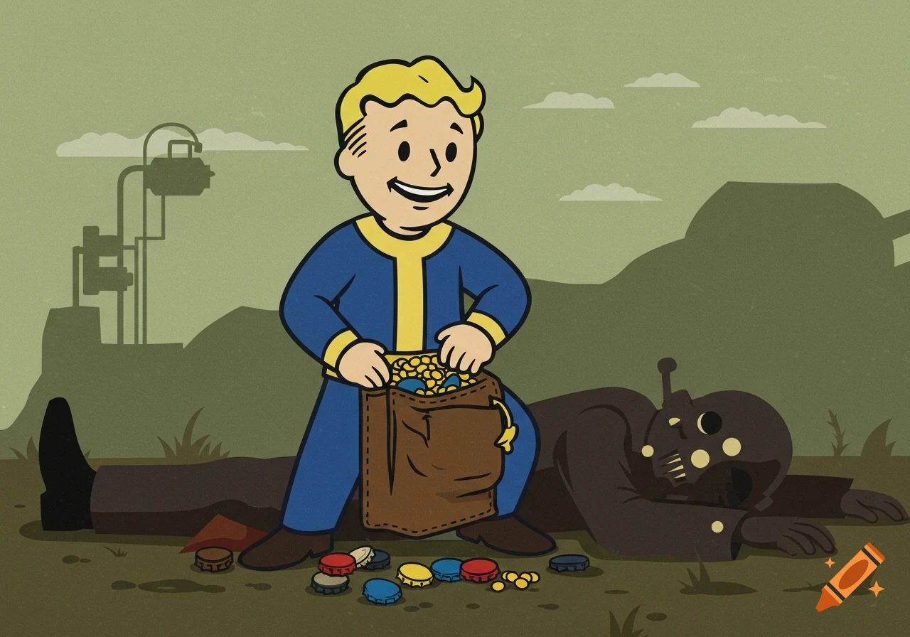 Vault Boy collecting bottle caps and coins from a defeated robot in a ...