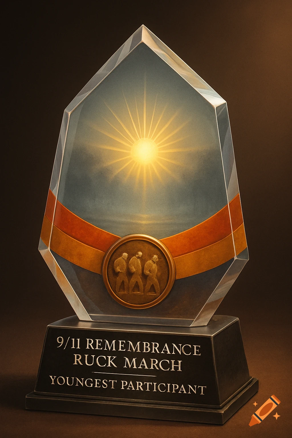 A hexagonal crystal trophy with a sunburst, a medal of three figures ...