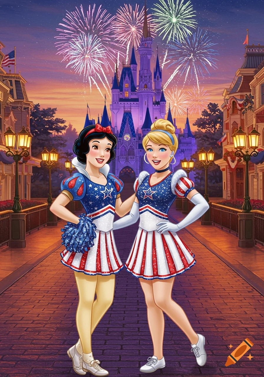 Snow White in a cheerleader outfit and Cinderella in a sparkly blue ...
