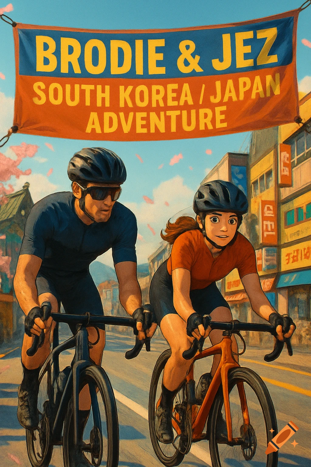 Two cyclists, a man and a woman, ride under a banner reading 'Brodie ...