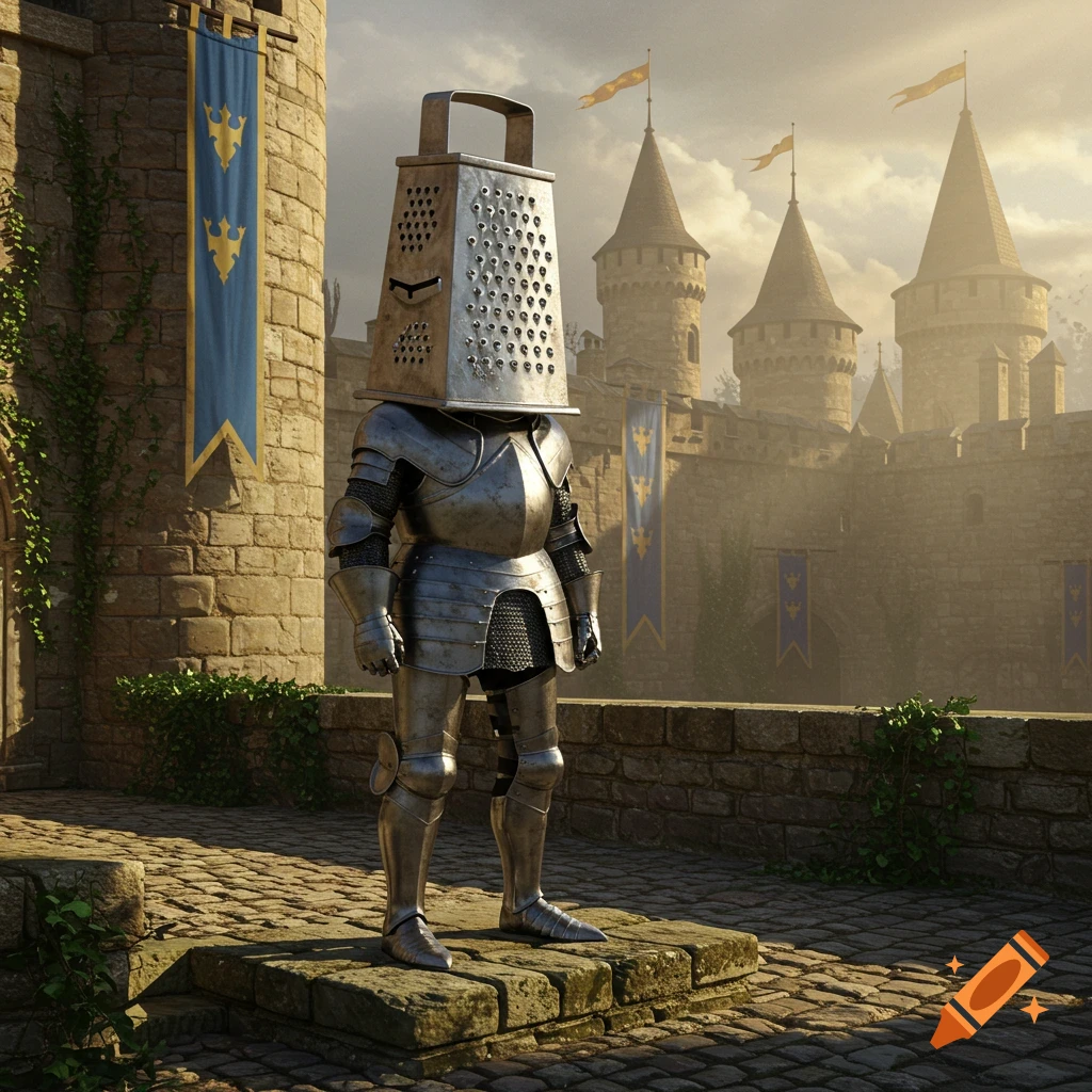 A photorealistic medieval knight stands in a castle courtyard, his ...