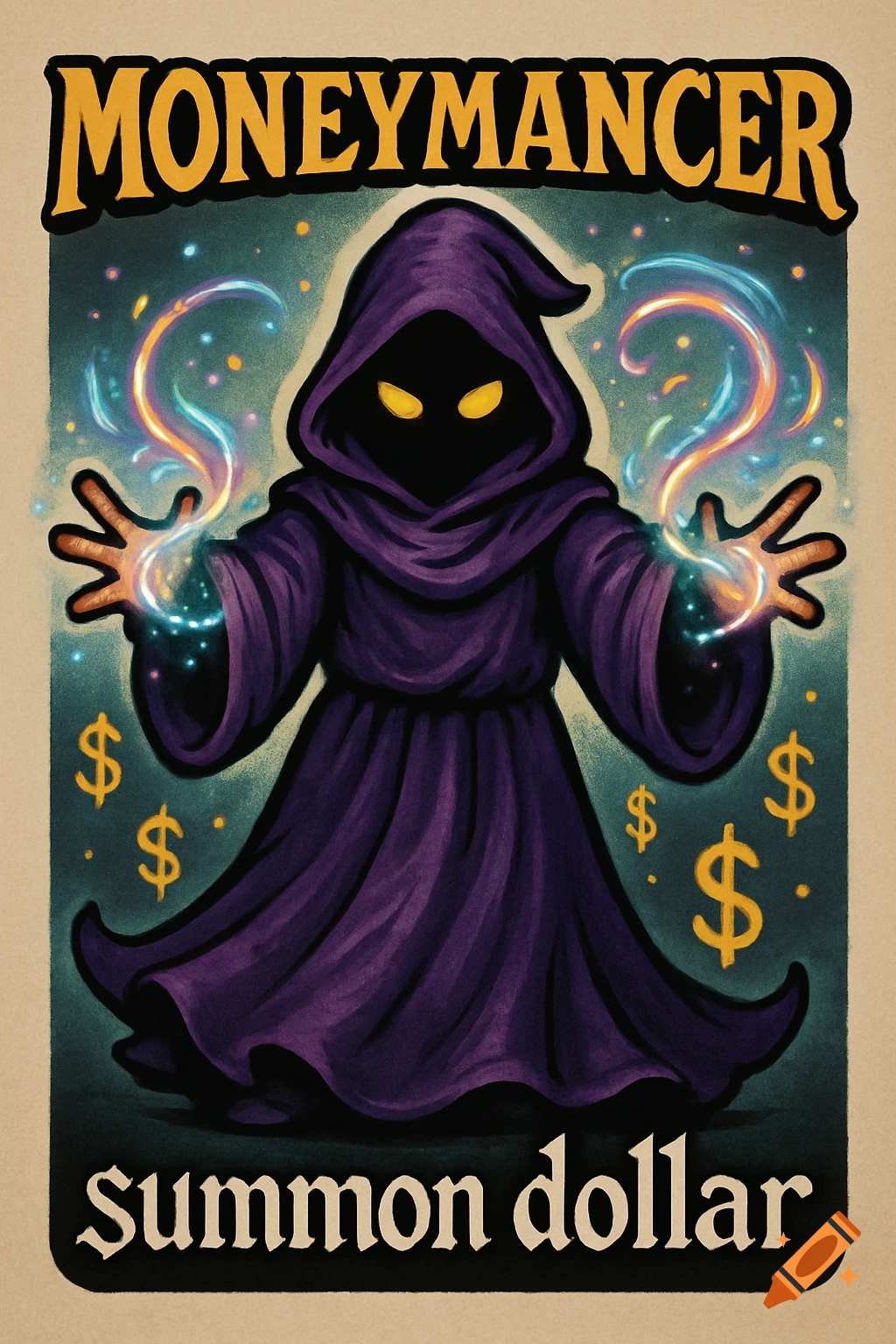 Cartoon illustration of a purple-robed wizard with glowing eyes casting ...