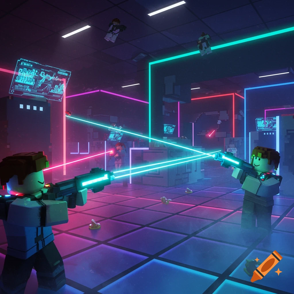 Blocky characters engage in laser tag within a neon-lit futuristic arena with blue and pink ...