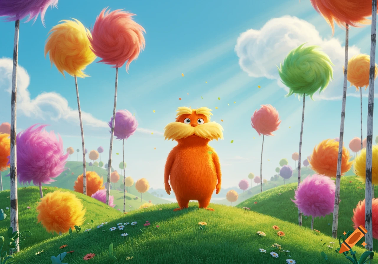 The Lorax stands on a vibrant green hill surrounded by colorful ...