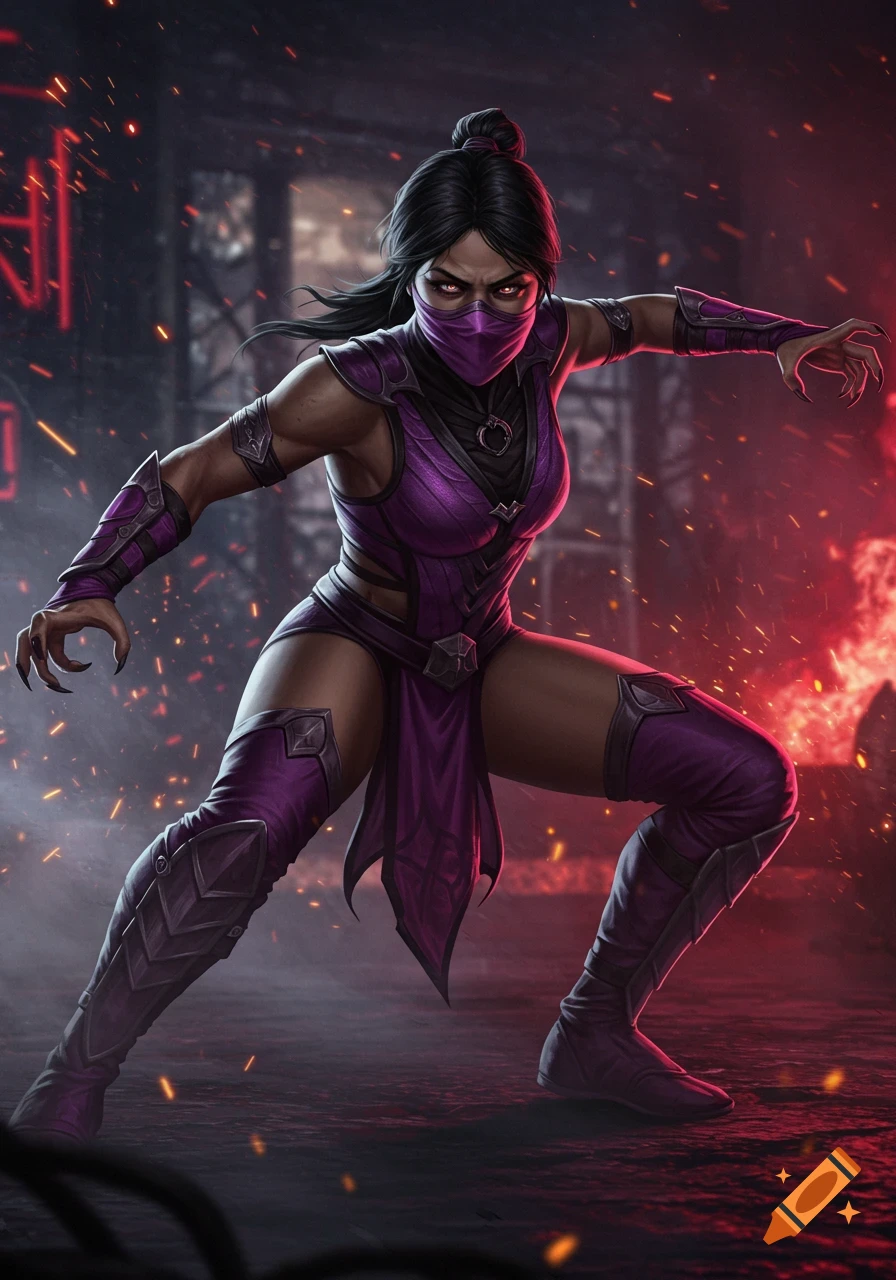 A detailed digital art rendering of Mileena from Mortal Kombat, a female ninja in a purple ...