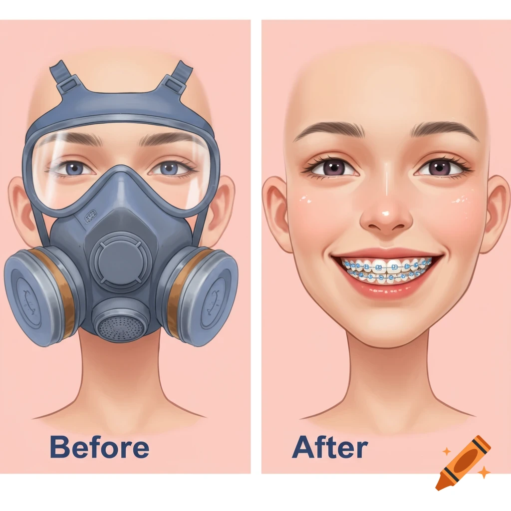 Illustration of a cartoon face, left side with a gas mask and 'Before ...