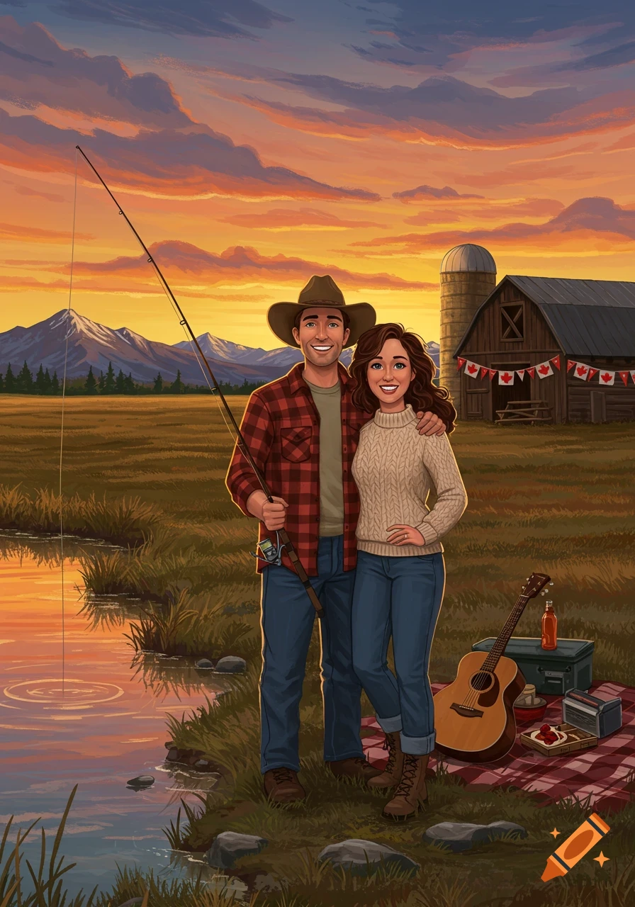 Illustrated couple with fishing rod stand by a river at sunset. Rural ...