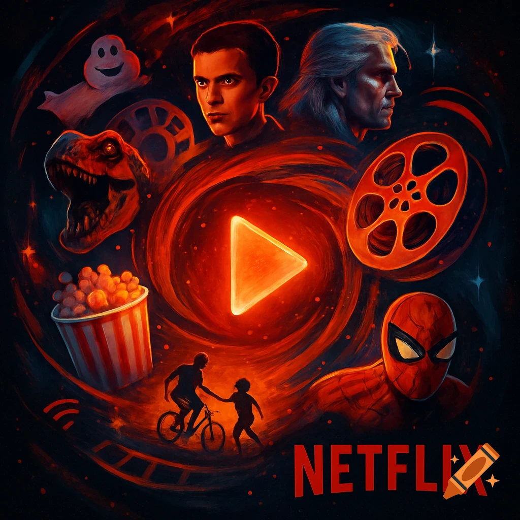 An illustrative collage of Netflix-themed pop culture icons like Spider ...