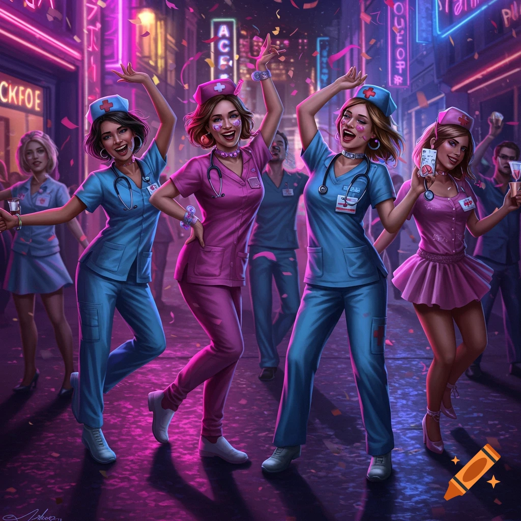 Digital illustration of four female nurses in colorful scrubs and hats ...