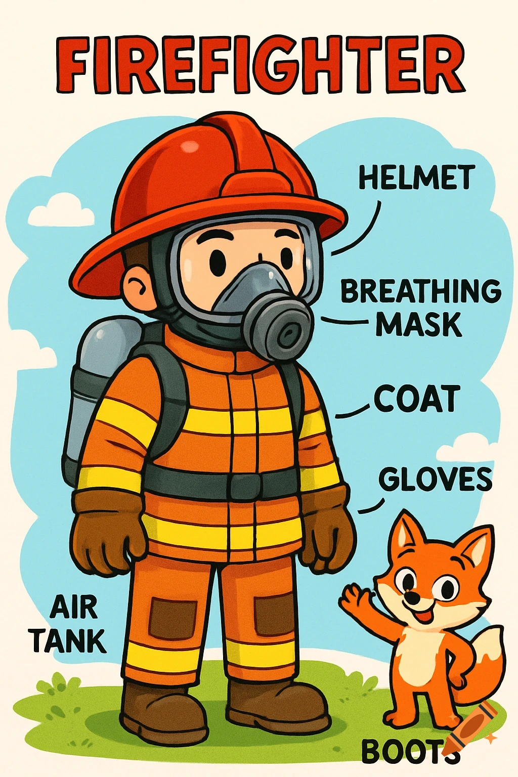 A child-friendly cartoon diagram of a firefighter in orange gear with ...