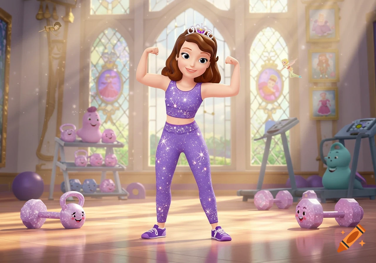 A muscular cartoon princess flexes next to a young princess posing in a ...