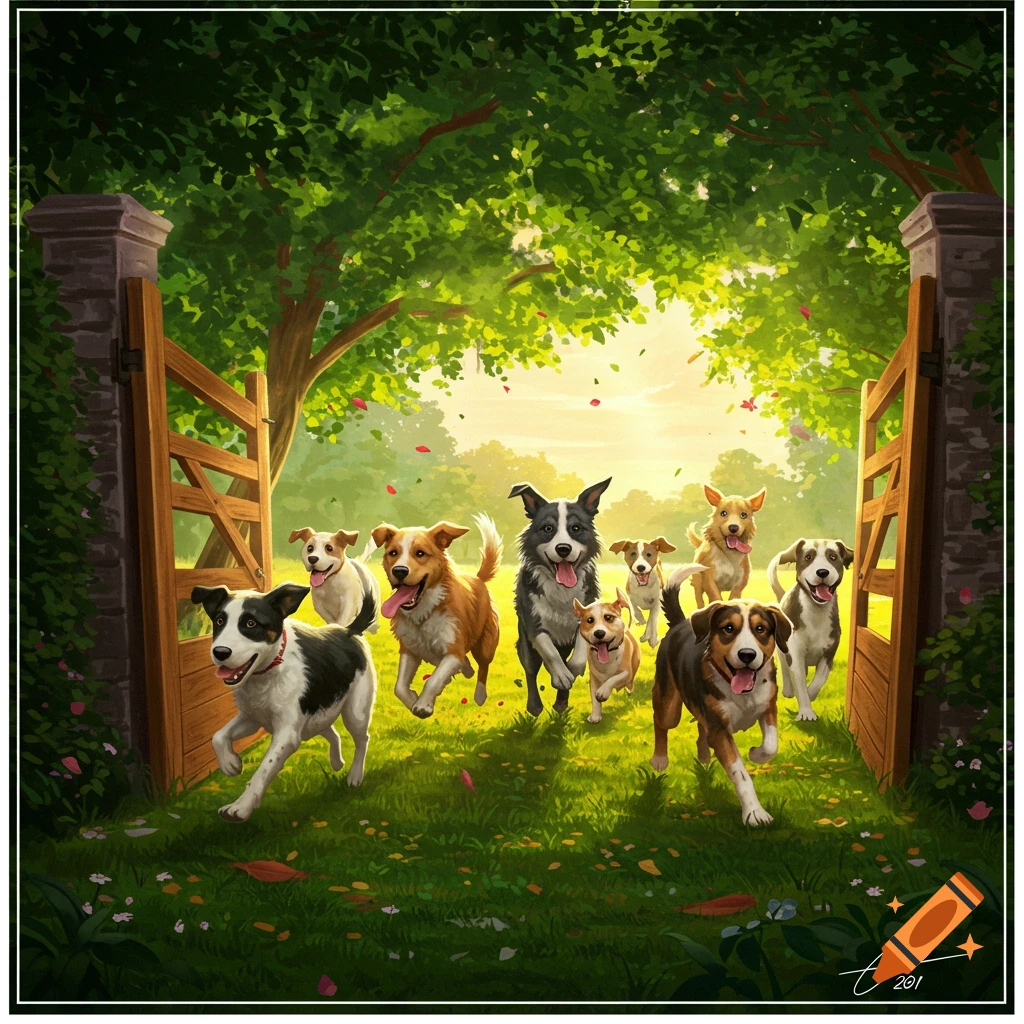 A pack of dogs excitedly running through an open gate into a sunny ...