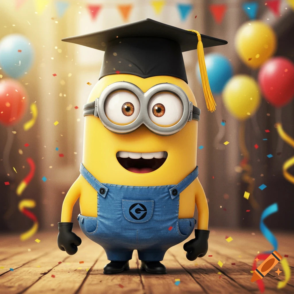 A cartoon Minion character in overalls waves on a dance floor under ...