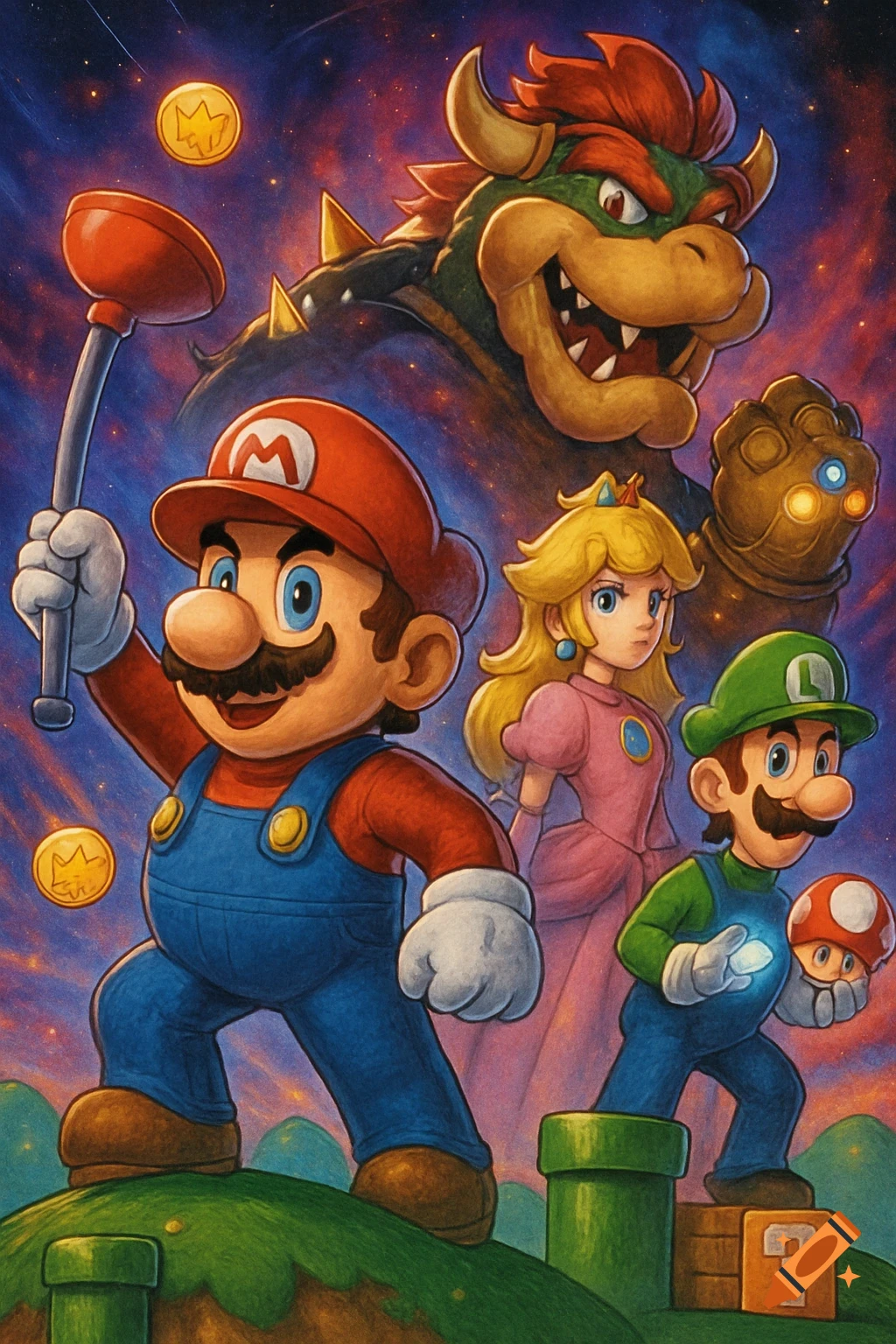 Mario, Luigi, and Princess Peach stand heroically with Bowser wearing ...