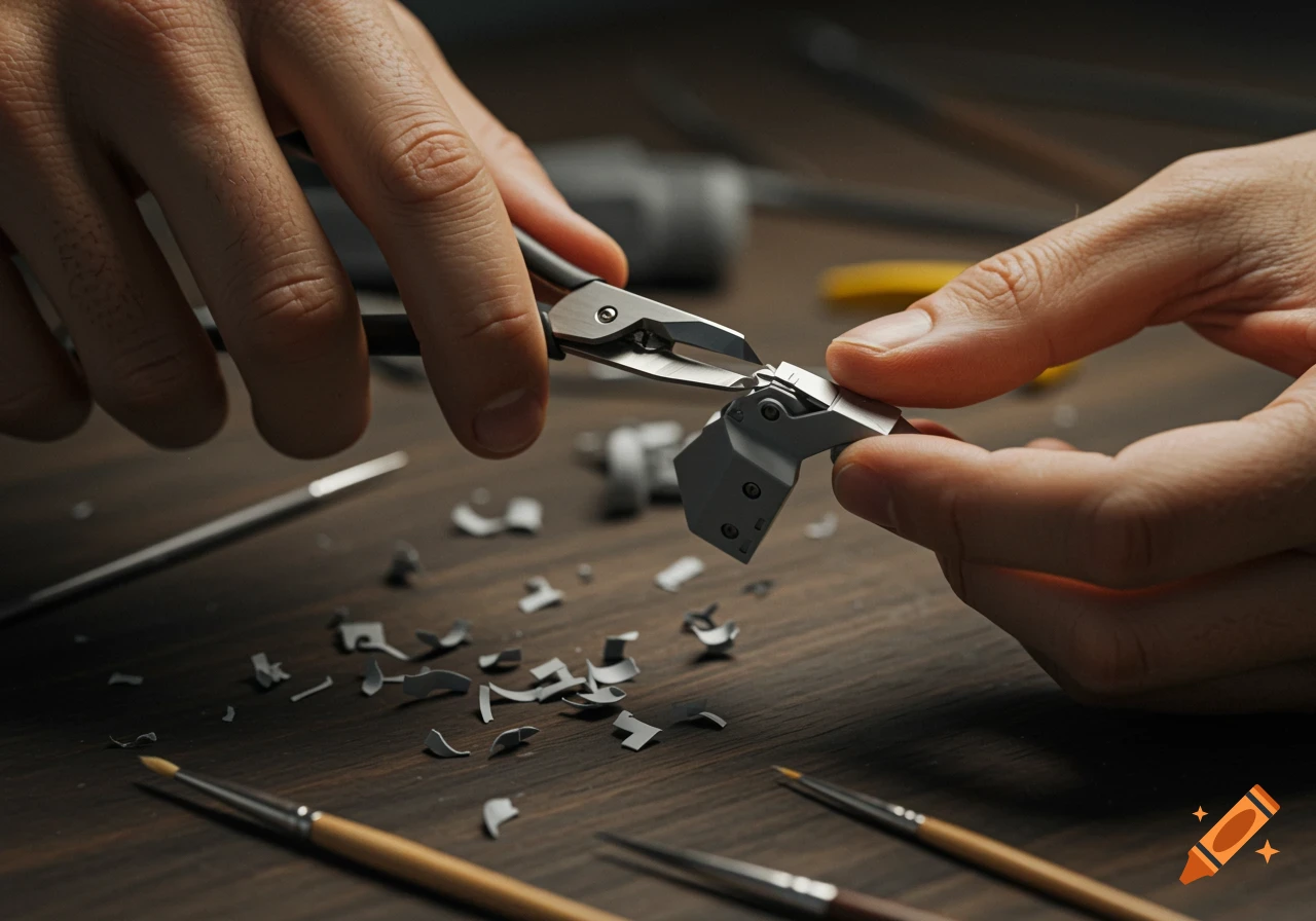 Close-up of hands using clippers to trim a grey plastic model piece on ...