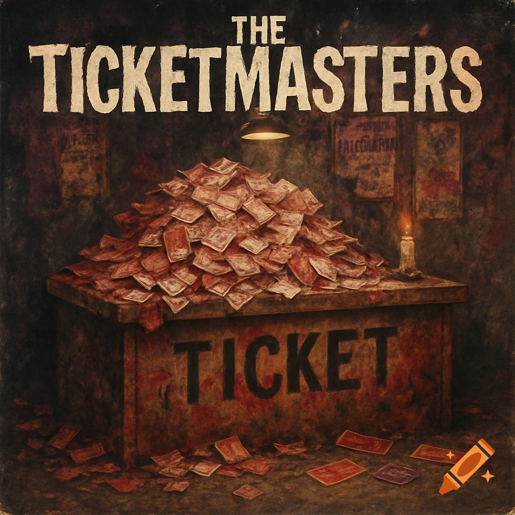 A grungy, dark album cover featuring a large pile of tickets on a worn ...