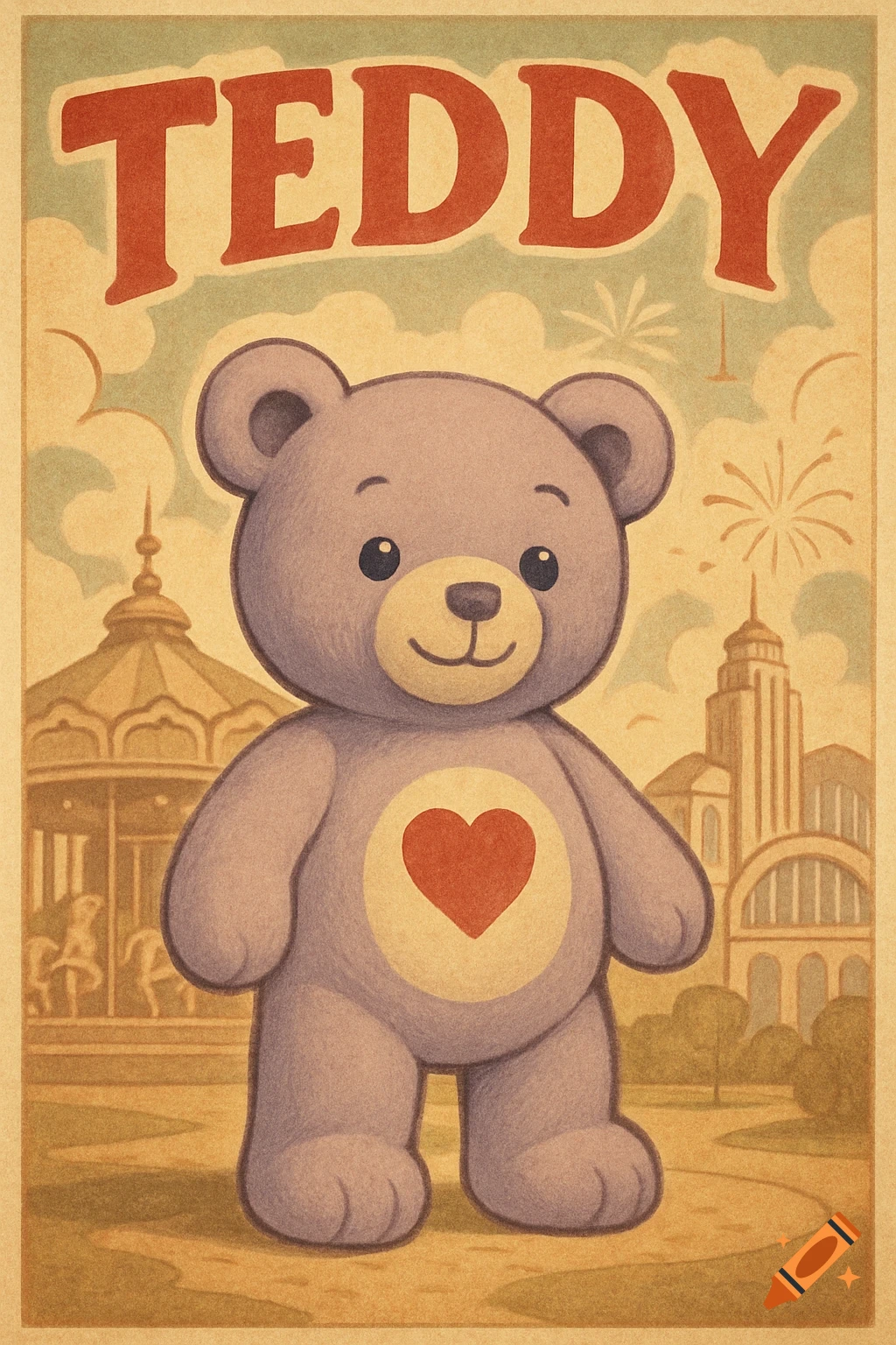 A vintage-style poster features a light purple teddy bear with a heart ...
