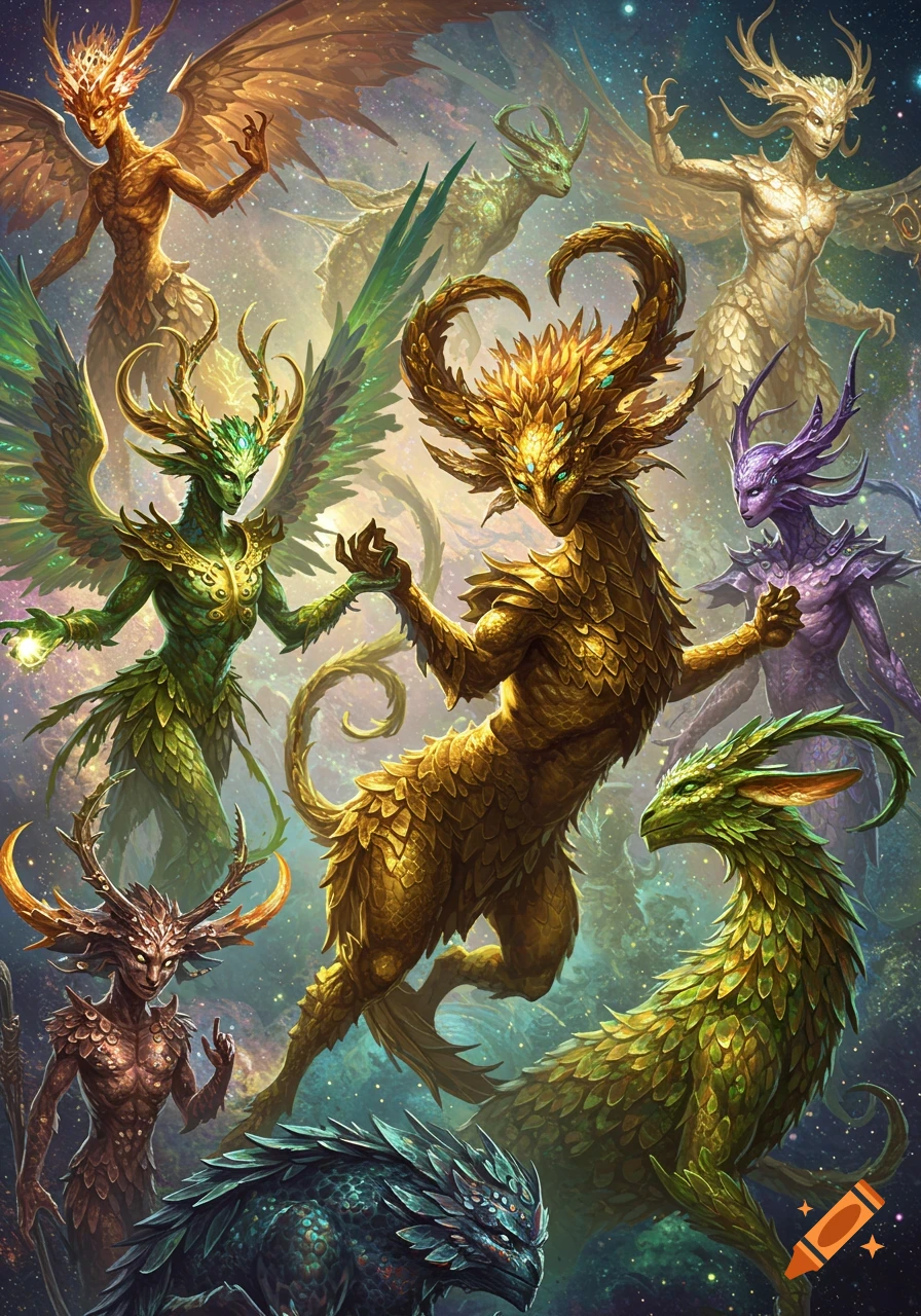 A vibrant illustration of diverse celestial mythical creatures ...