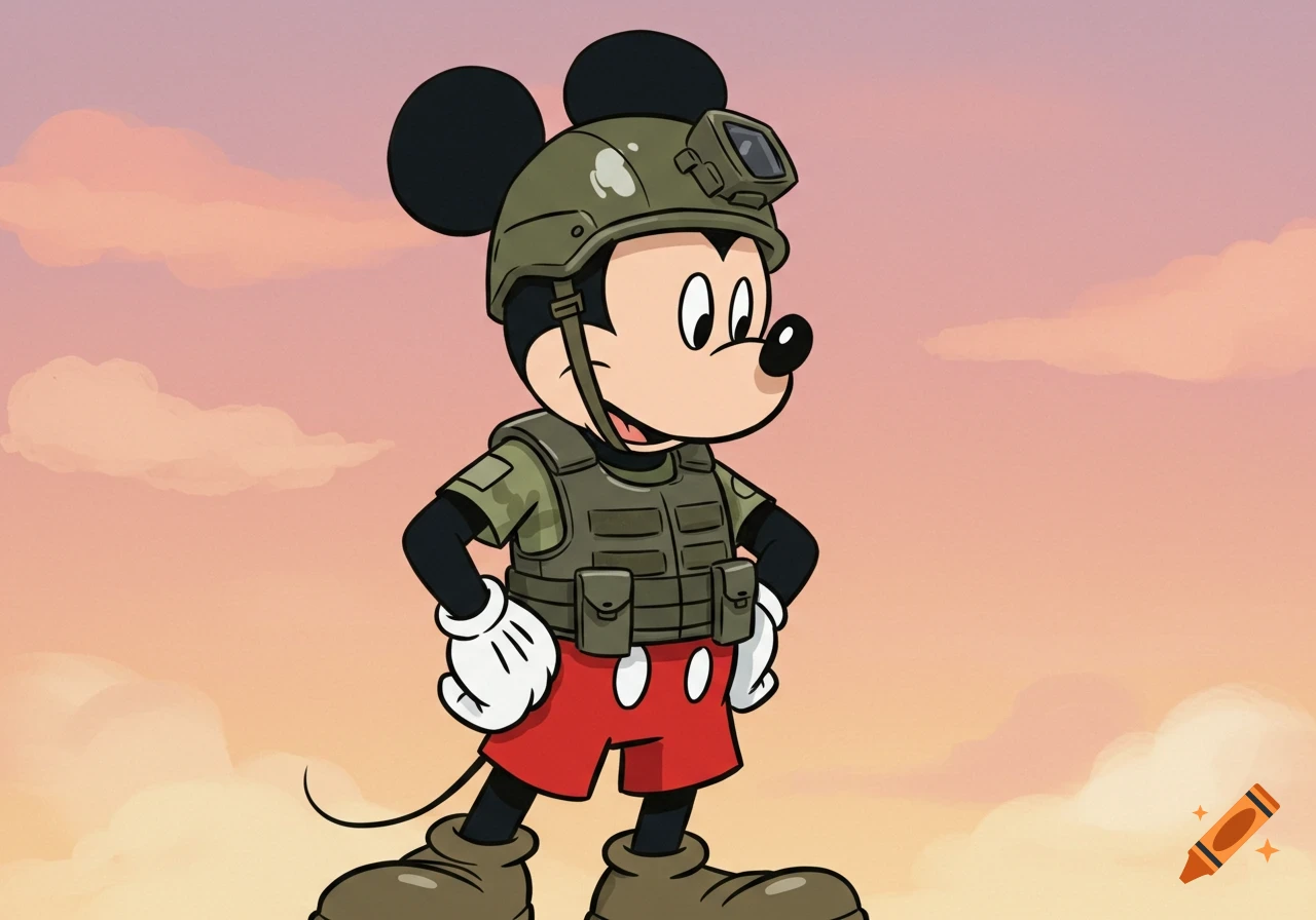 Mickey Mouse in a classic animation style wearing a military helmet and ...