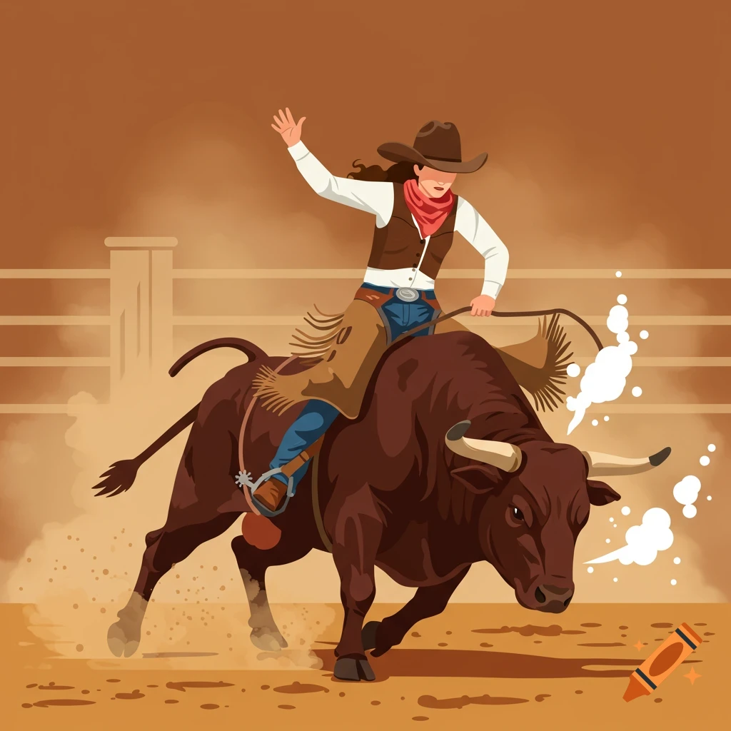 Illustration of a rodeo girl riding a bucking bull, holding her cowgirl ...