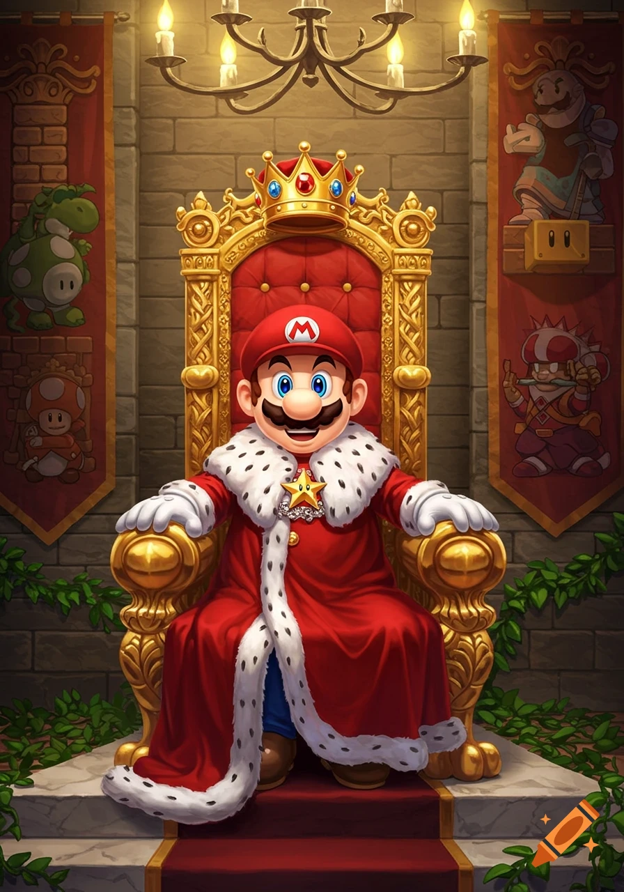 Cartoon illustration of Bowser sitting on a toilet in a grand throne room with red banners and ...