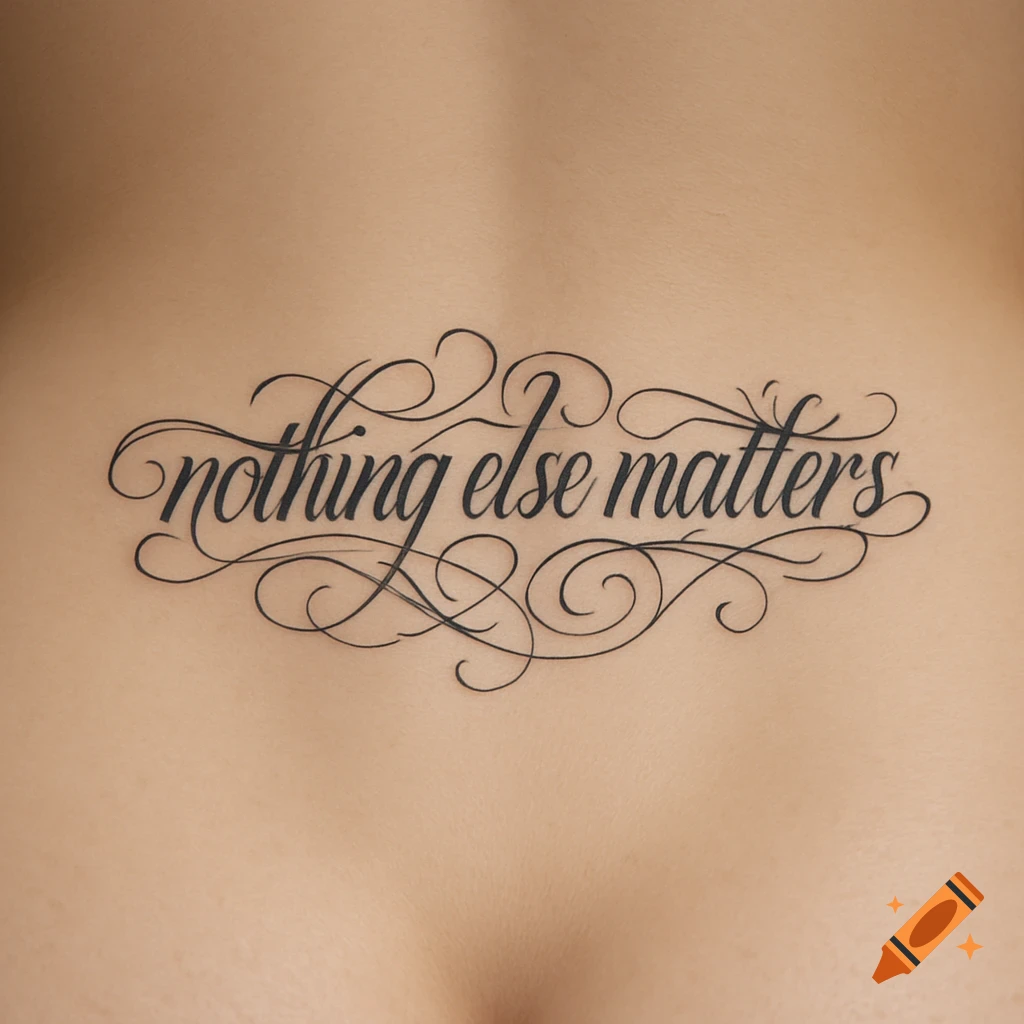 A black, ornate script tattoo on skin, reading 'nothing else matters'. on Craiyon