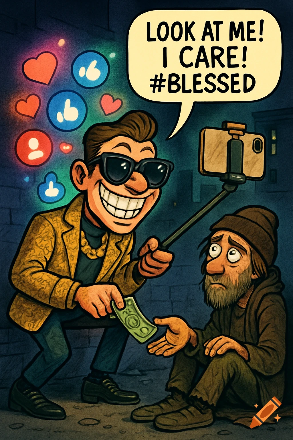 A satirical cartoon shows a smug influencer taking a selfie while ...