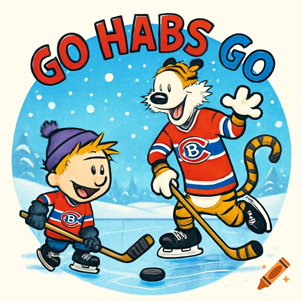 Cartoon illustration of Calvin and Hobbes playing hockey in red and ...