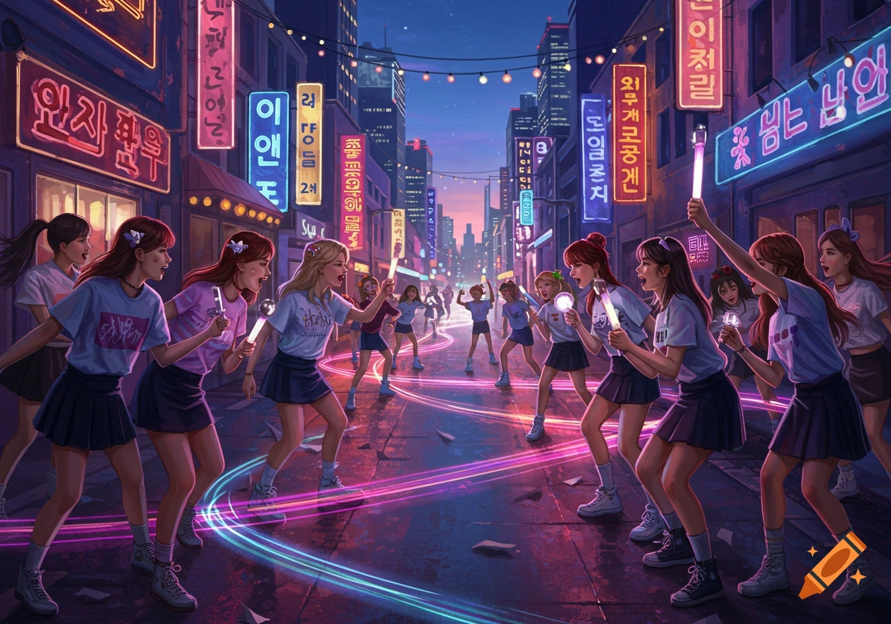 Animated style image of young women holding light sticks and dancing in ...