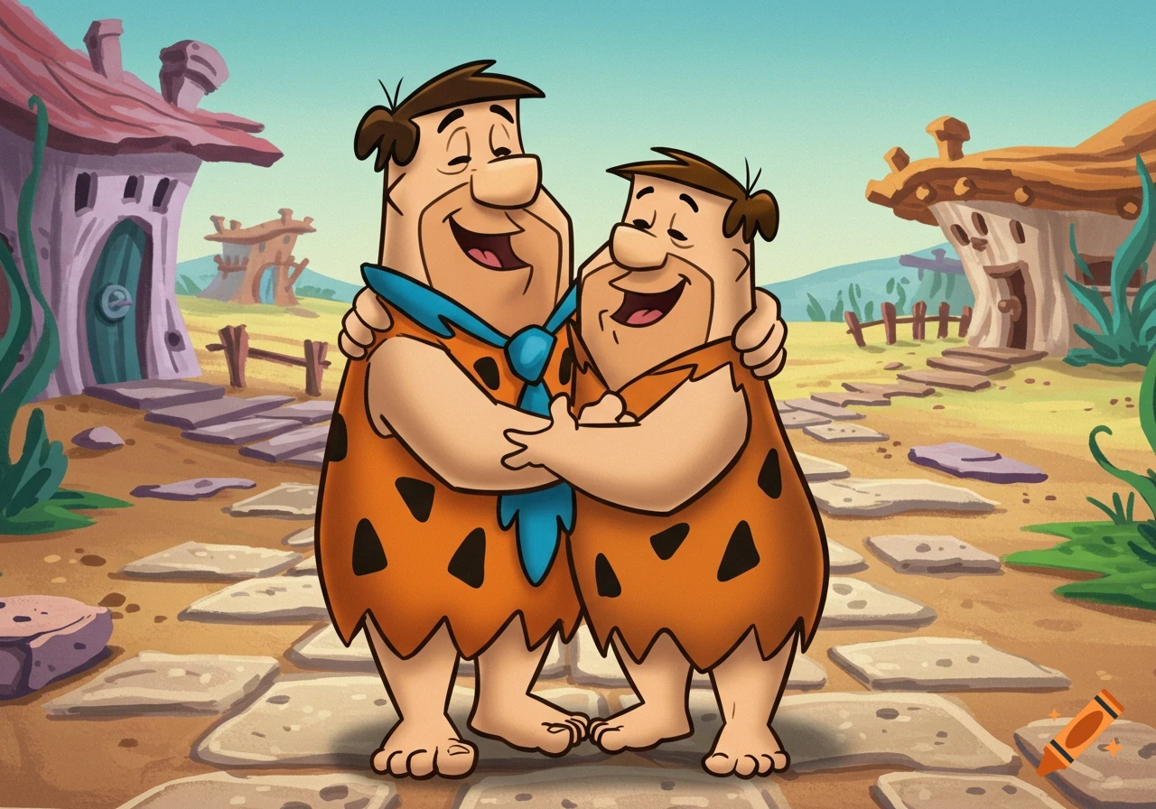 Two cartoon cavemen resembling Fred Flintstone embrace on a stone path ...