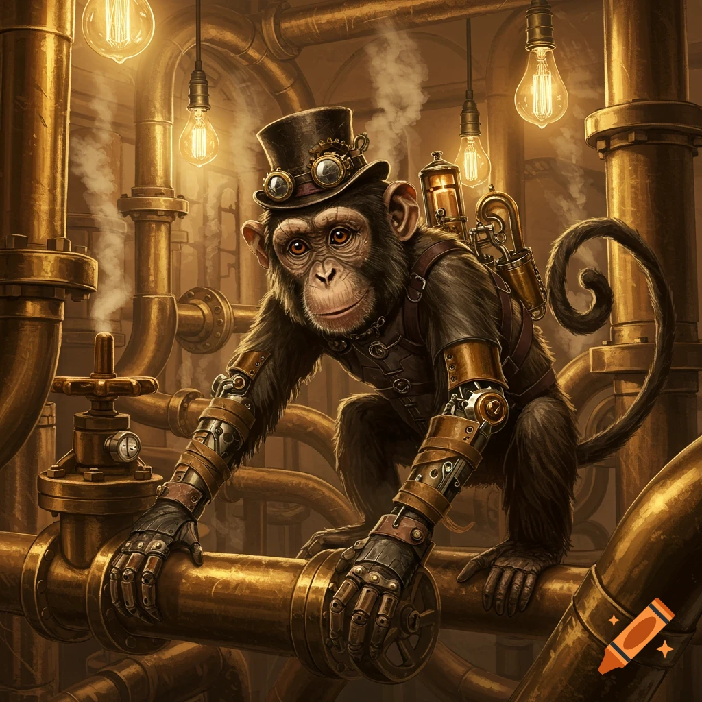 A steampunk monkey with mechanical limbs and goggles on a top hat, surrounded by brass pipes and ...