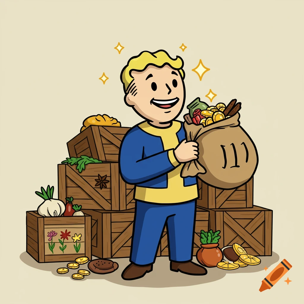 Vault Boy, a cartoon character, holding a sack of gold coins and loot ...