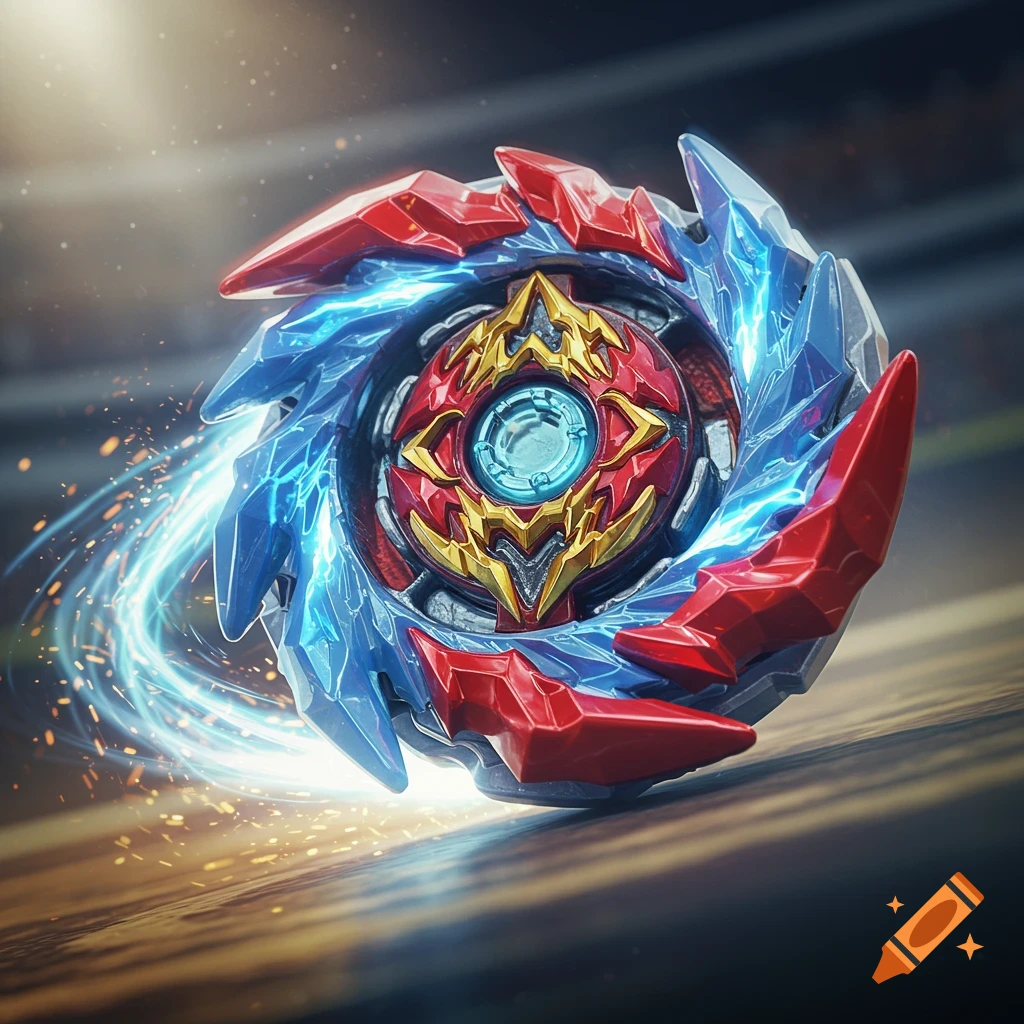 A dark greenish-blue and gold Beyblade spinning rapidly in an arena ...