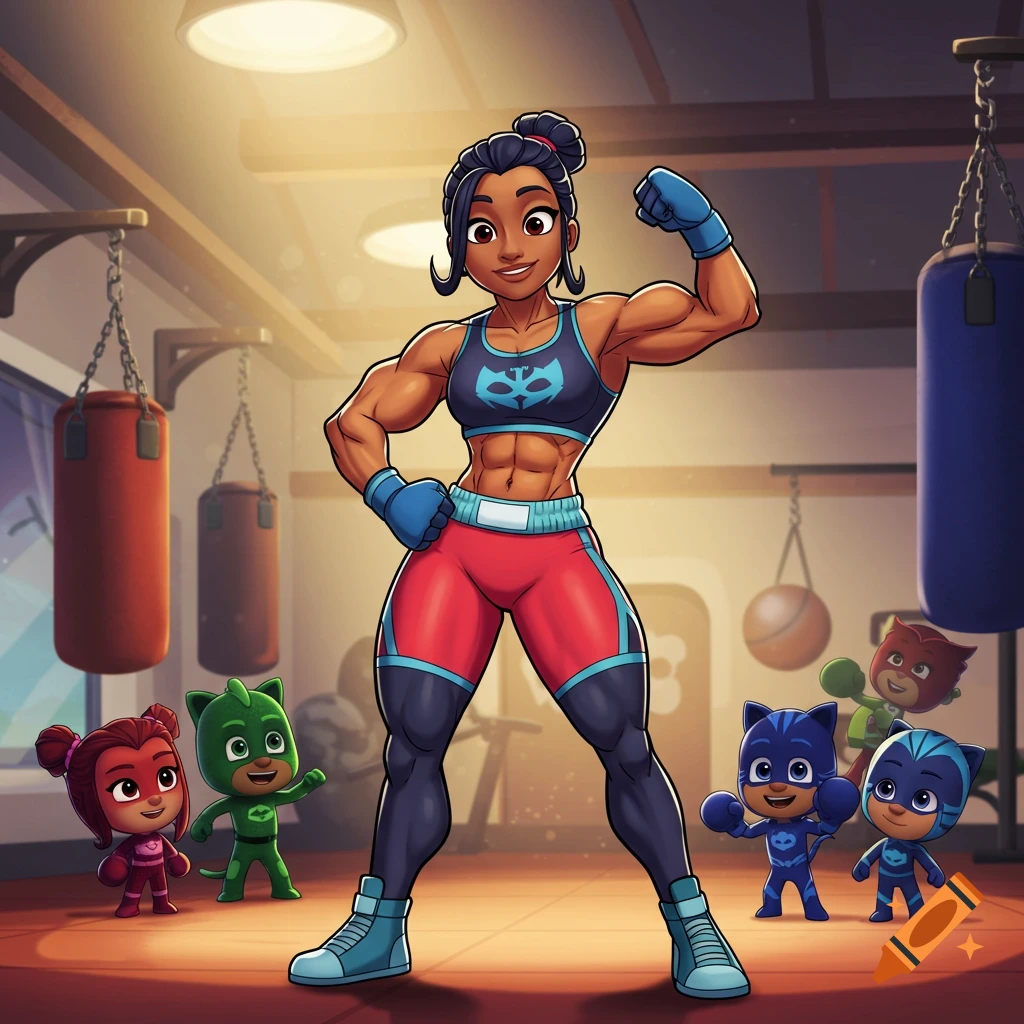 A cartoon human female boxer with a muscular build stands triumphantly ...