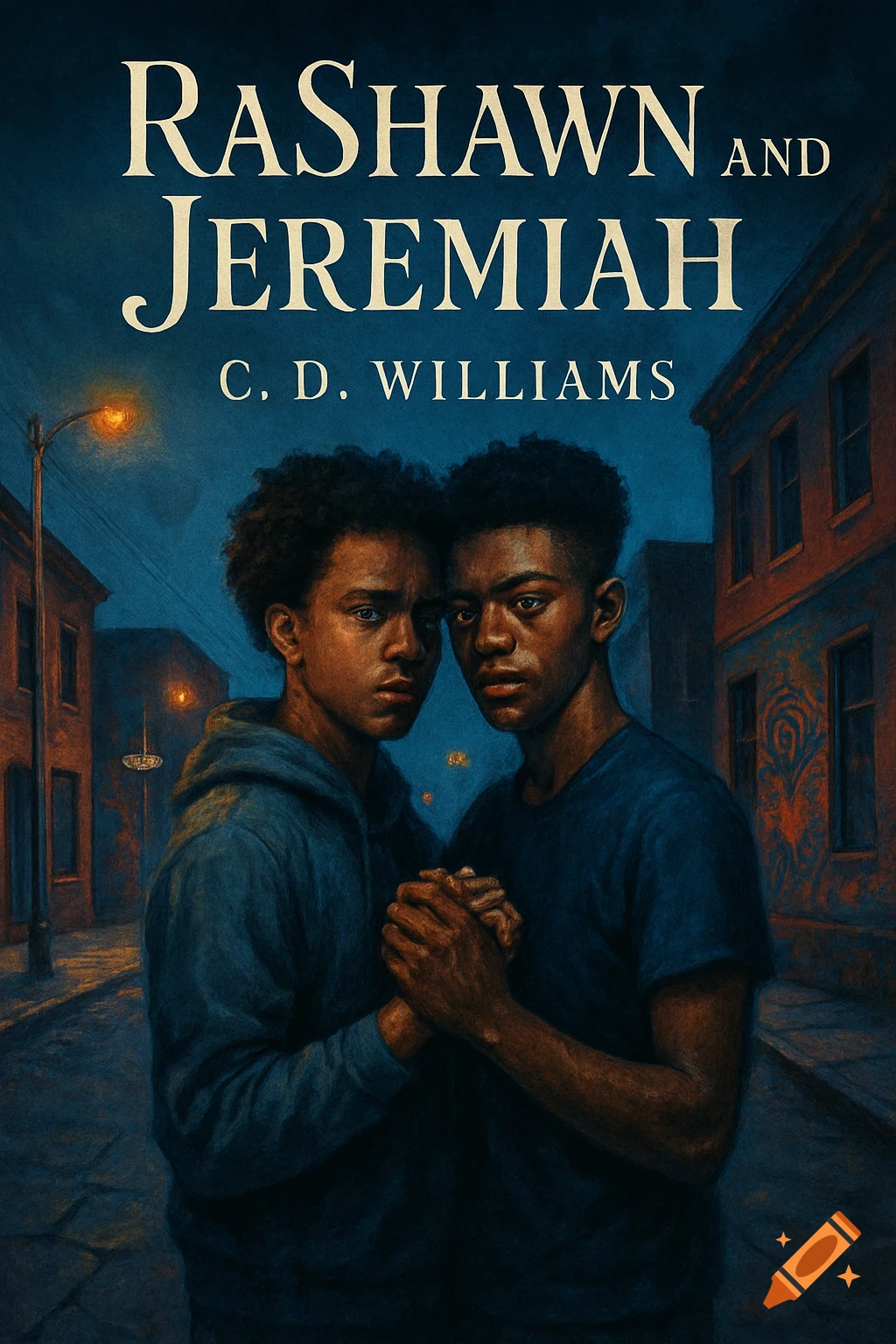 Illustration of two African American teens holding hands on an urban street at night, with ...