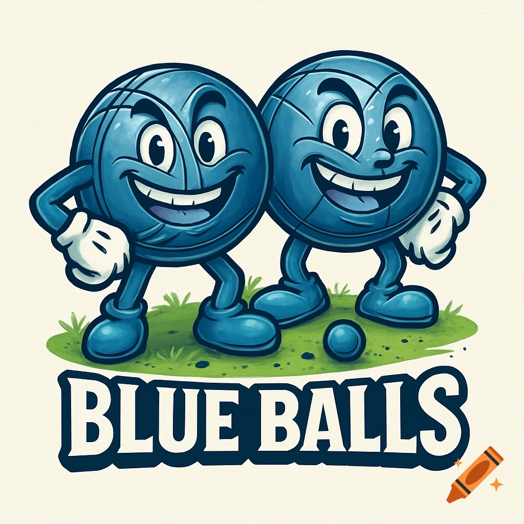 Cartoon logo of two smiling blue petanque balls with faces, arms, and ...