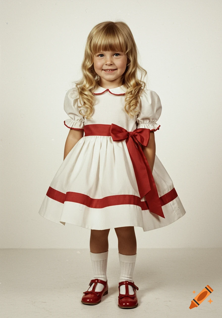 A smiling young blonde girl in a white and red 1970s-style dress, white ...