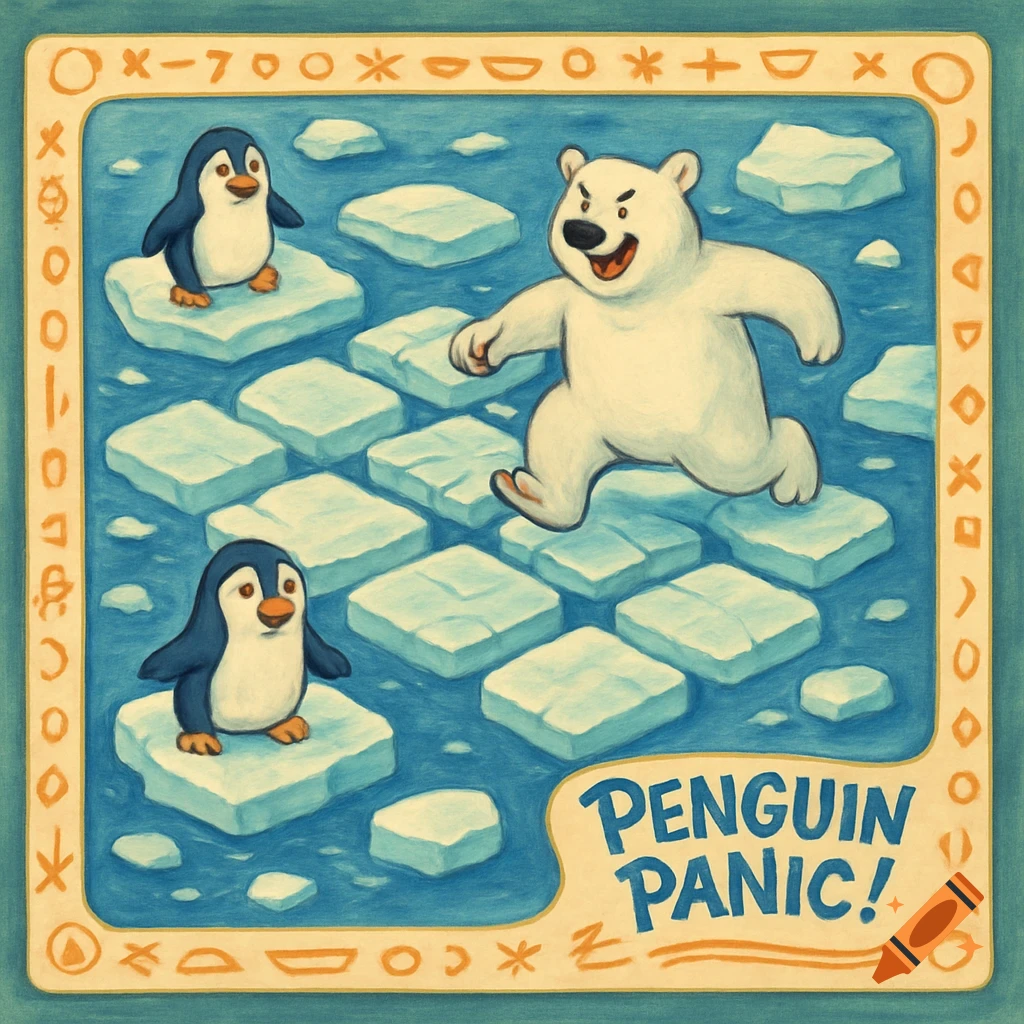 A hand-painted children's board game illustration titled 'Penguin Panic ...