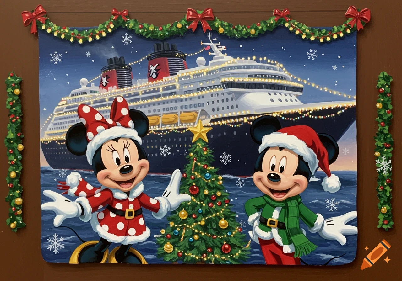 Mickey and Minnie Mouse in festive outfits standing in front of a Christmas-decorated Disney ...
