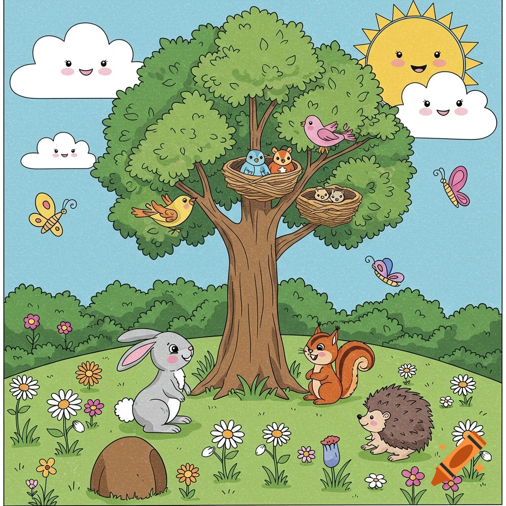 Cute cartoon outdoor scene with a tree, rabbit, squirrel, hedgehog ...