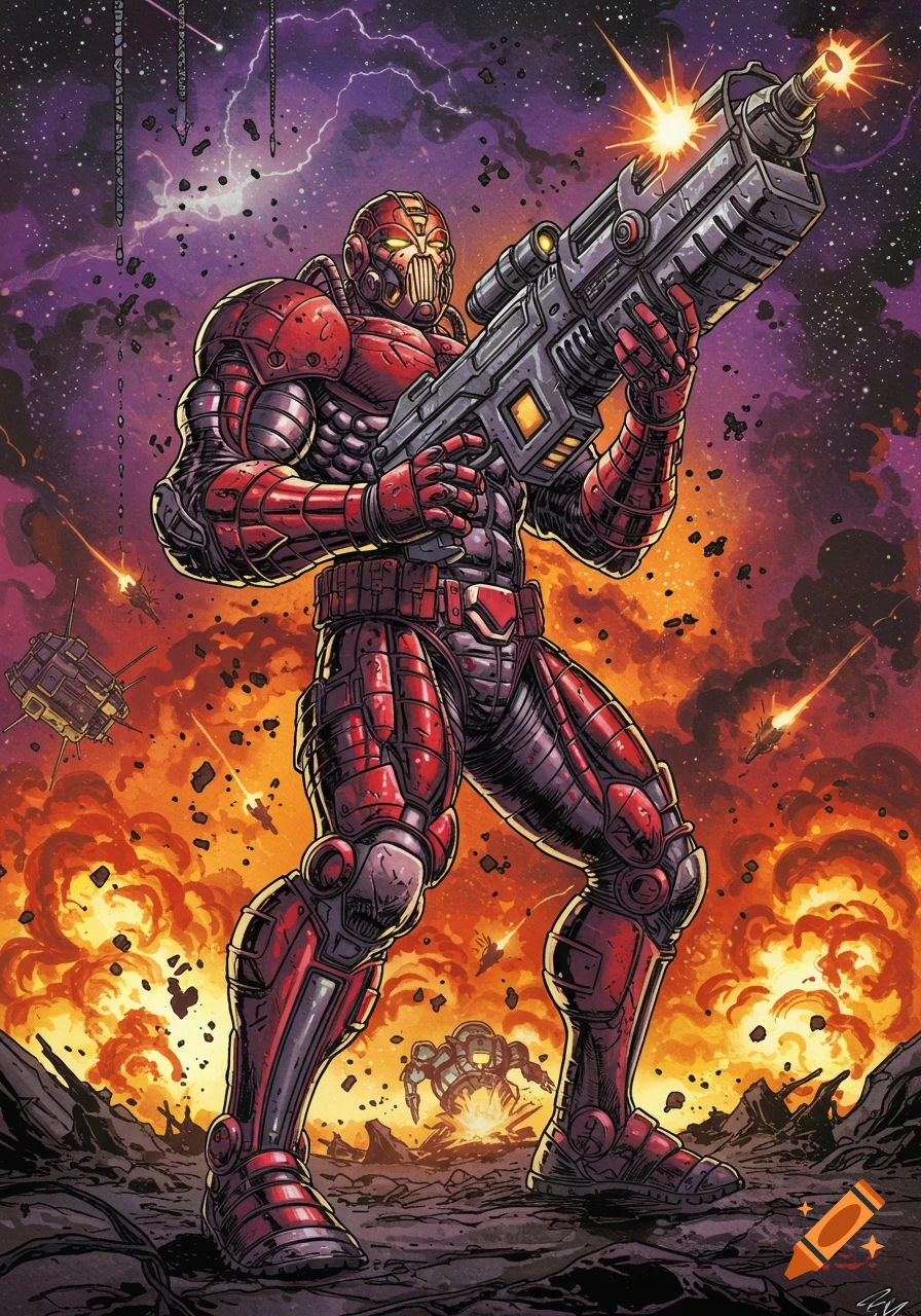 A red armored sci-fi super soldier fires a giant gun in a cosmic battle ...