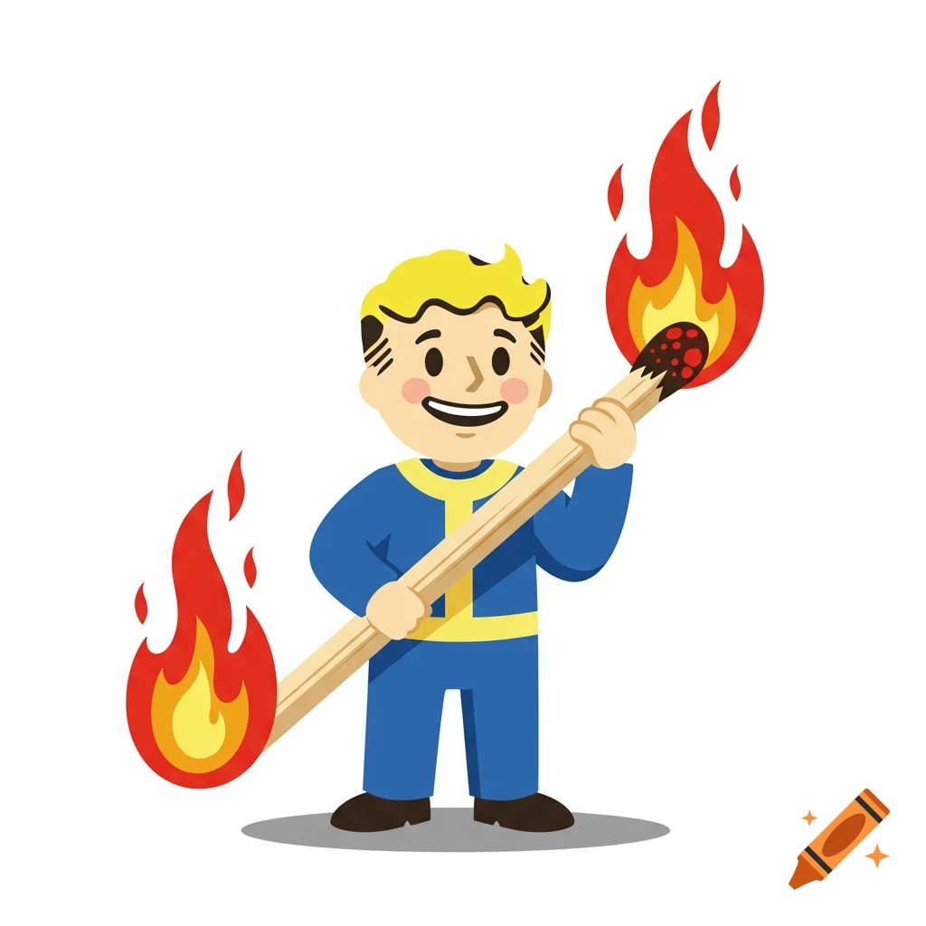 Cartoon illustration of Vault Boy from Fallout holding a giant lit ...