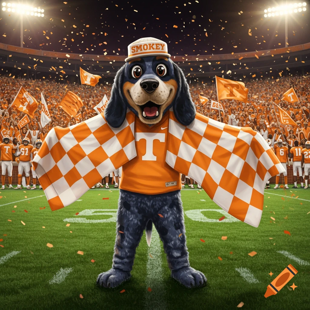 A cartoon dog mascot wearing an orange jersey with a 'T' and a hat that ...