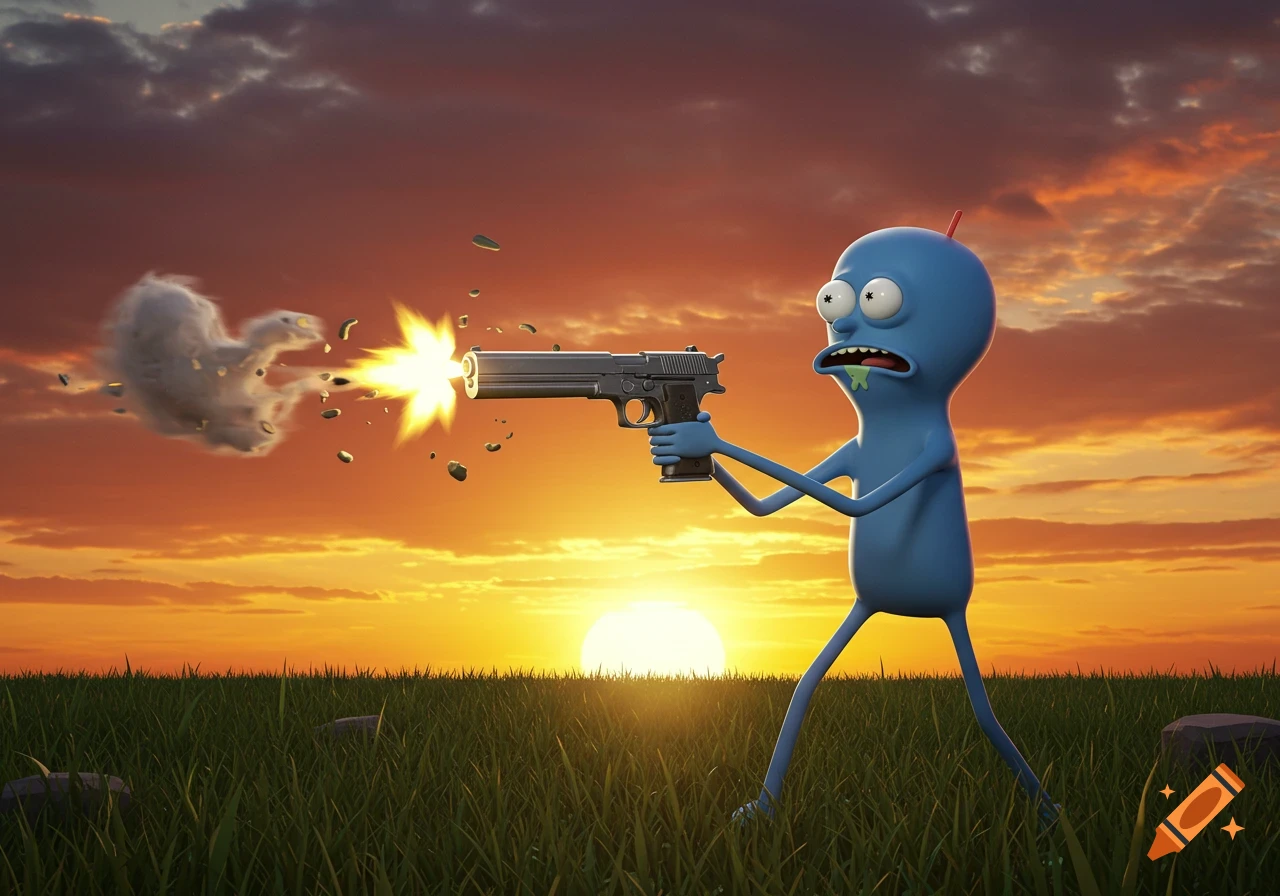 A blue, alien-like cartoon character, Mr. Meeseeks, fires a pistol in a ...