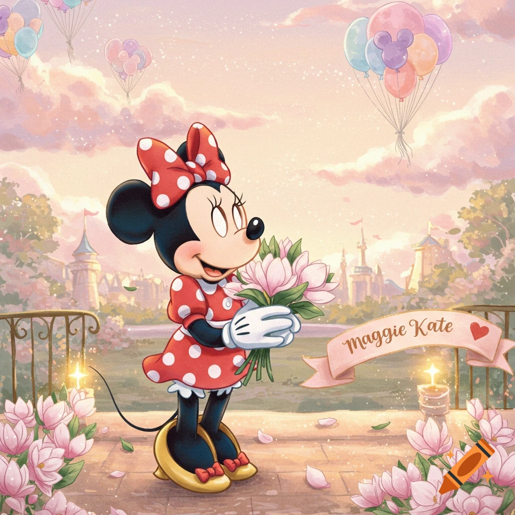 Minnie Mouse in a red polka-dot dress holding pink flowers, standing in ...